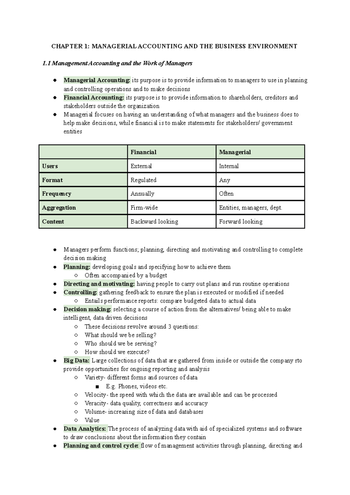 Chapter 1 - Lecture Notes. - CHAPTER 1: MANAGERIAL ACCOUNTING AND THE ...