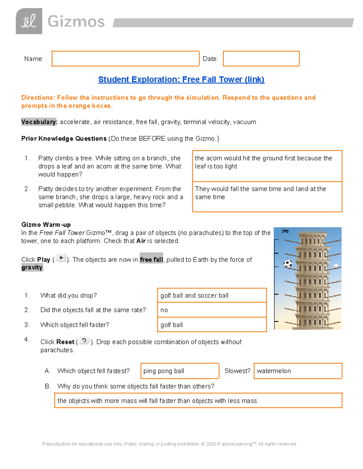 Copy of Free Fall Tower Gizmo - Name: Date: Student Exploration: Free ...