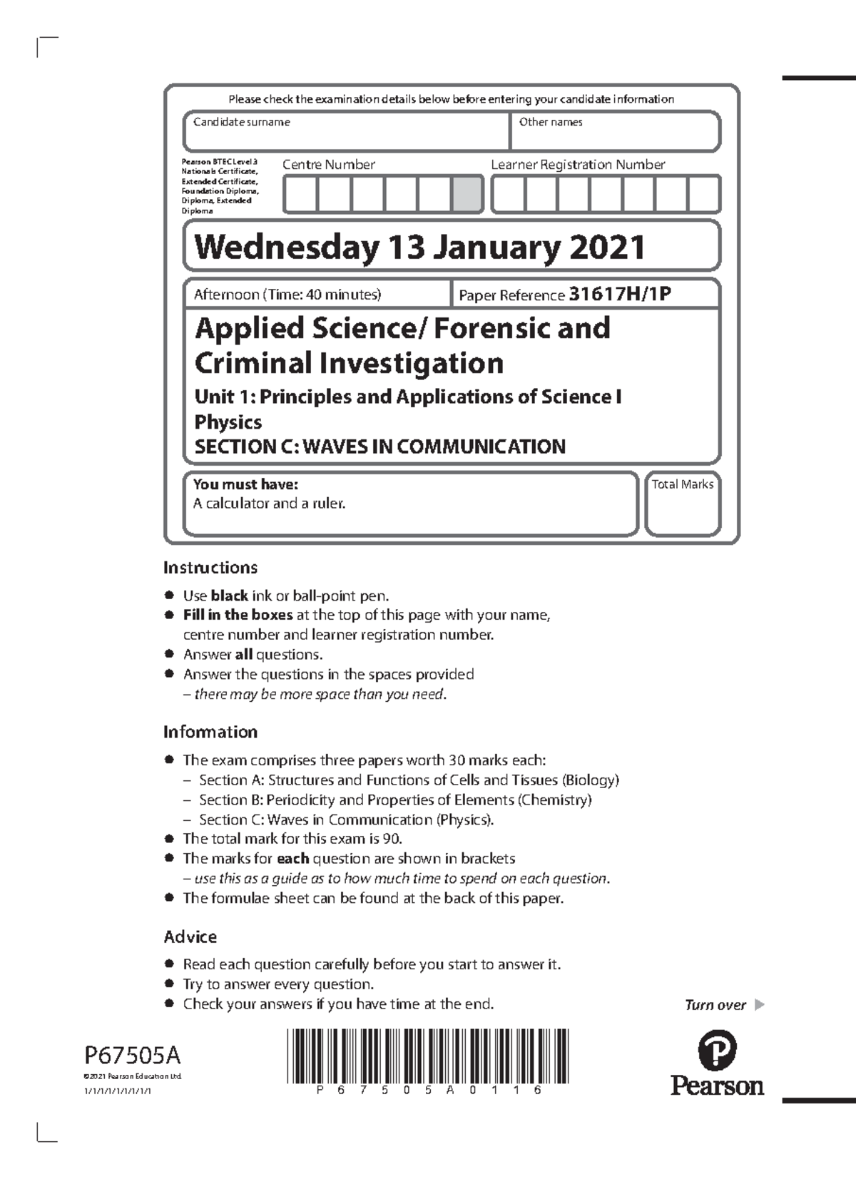 Question paper btec applied science 31617 h 1p unit 1 section c jan ...