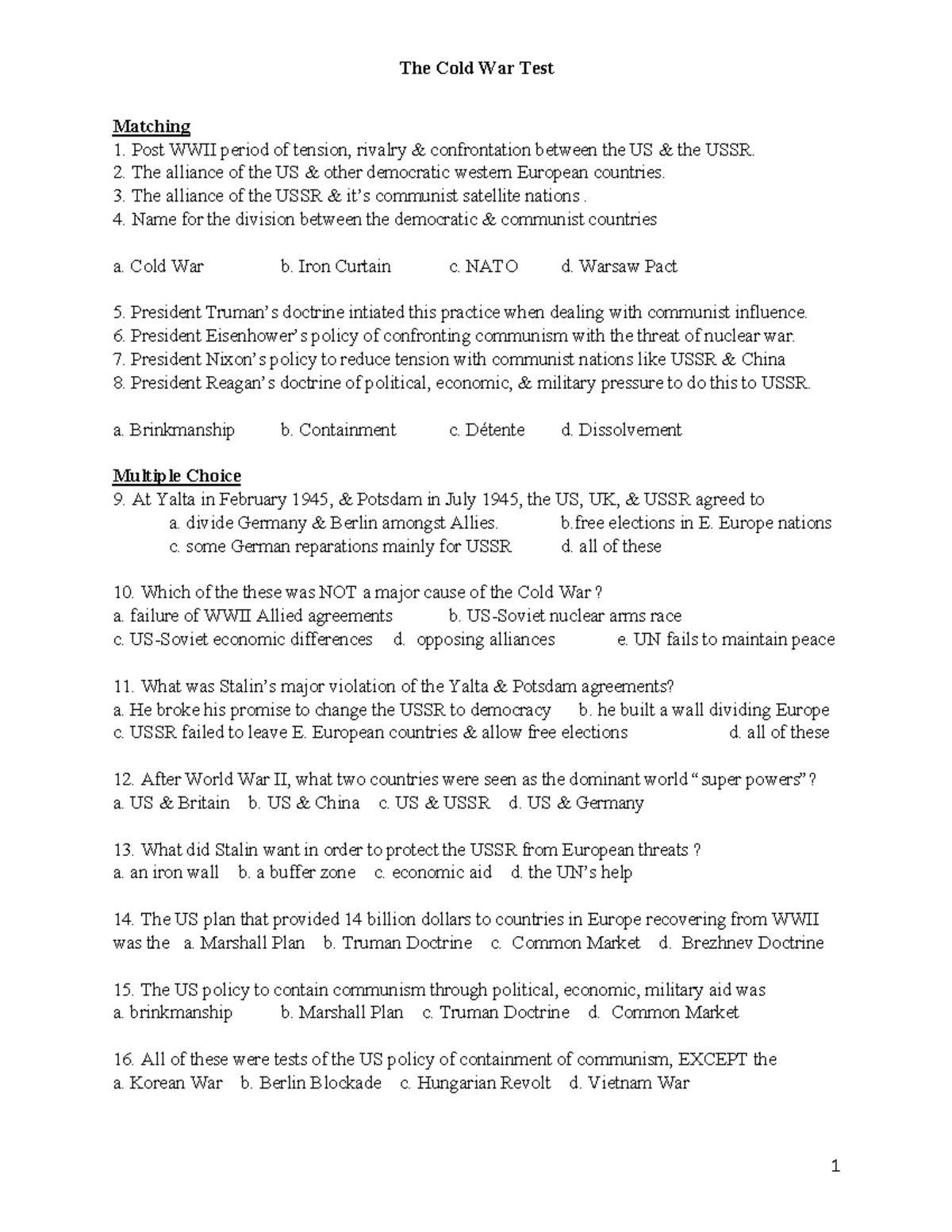 Cold War Test . - Matching Post WWII period of tension, rivalry ...