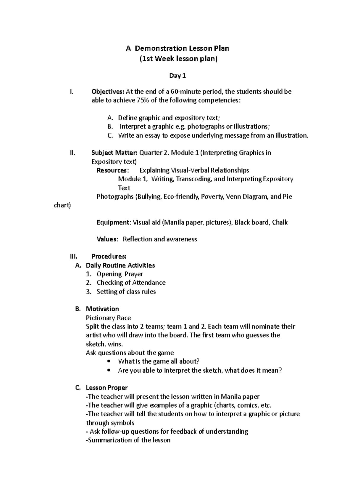 1st week lesson plan - A Demonstration Lesson Plan (1st Week lesson ...