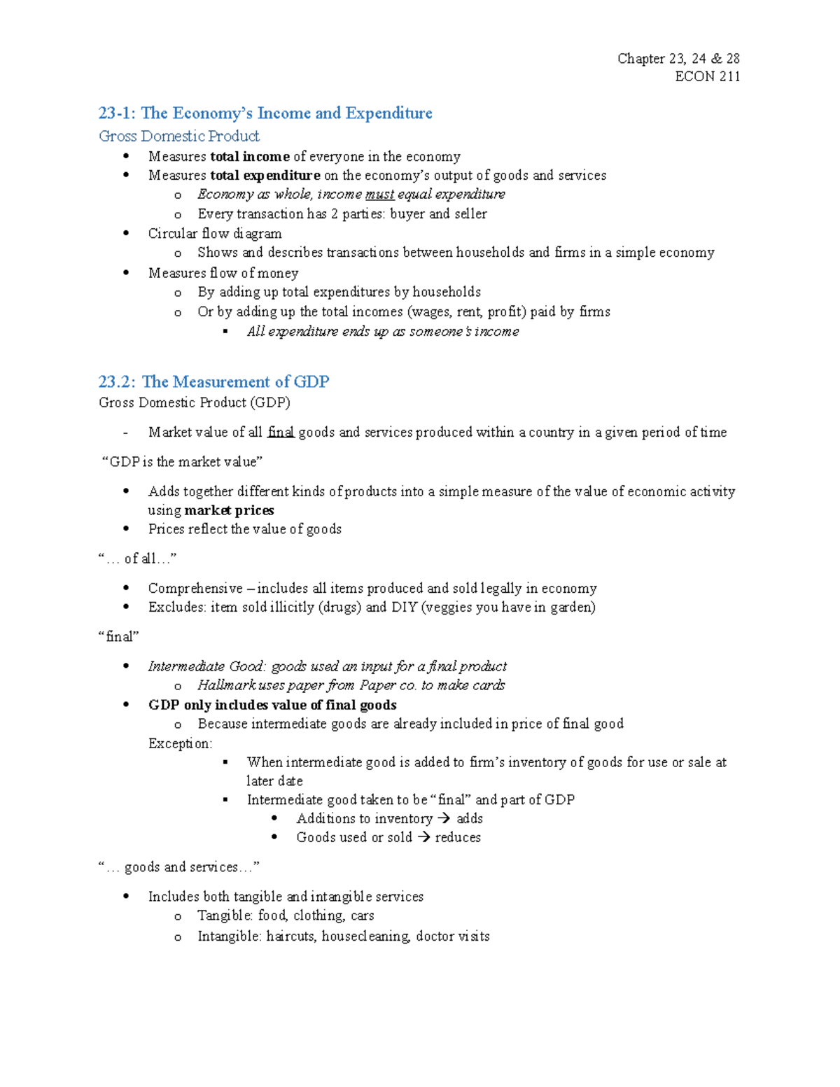 Chapter 23, 24 & 28 Book Notes - Chapter 23, 24 & 28 ECON 211 23-1: The ...