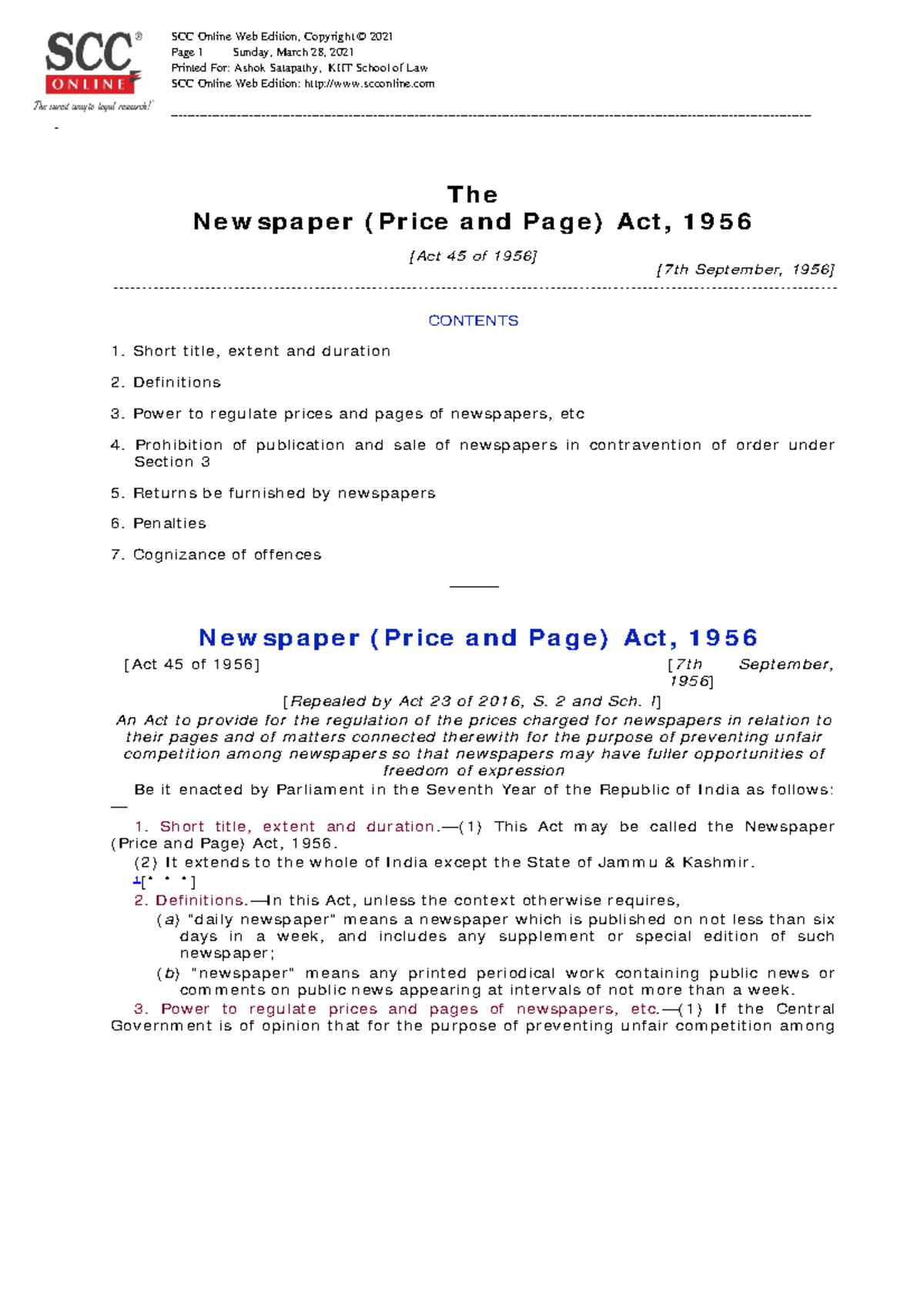 Newspaper (Price and Page) Act, 1956, and the Daily Newspaper (Price ...