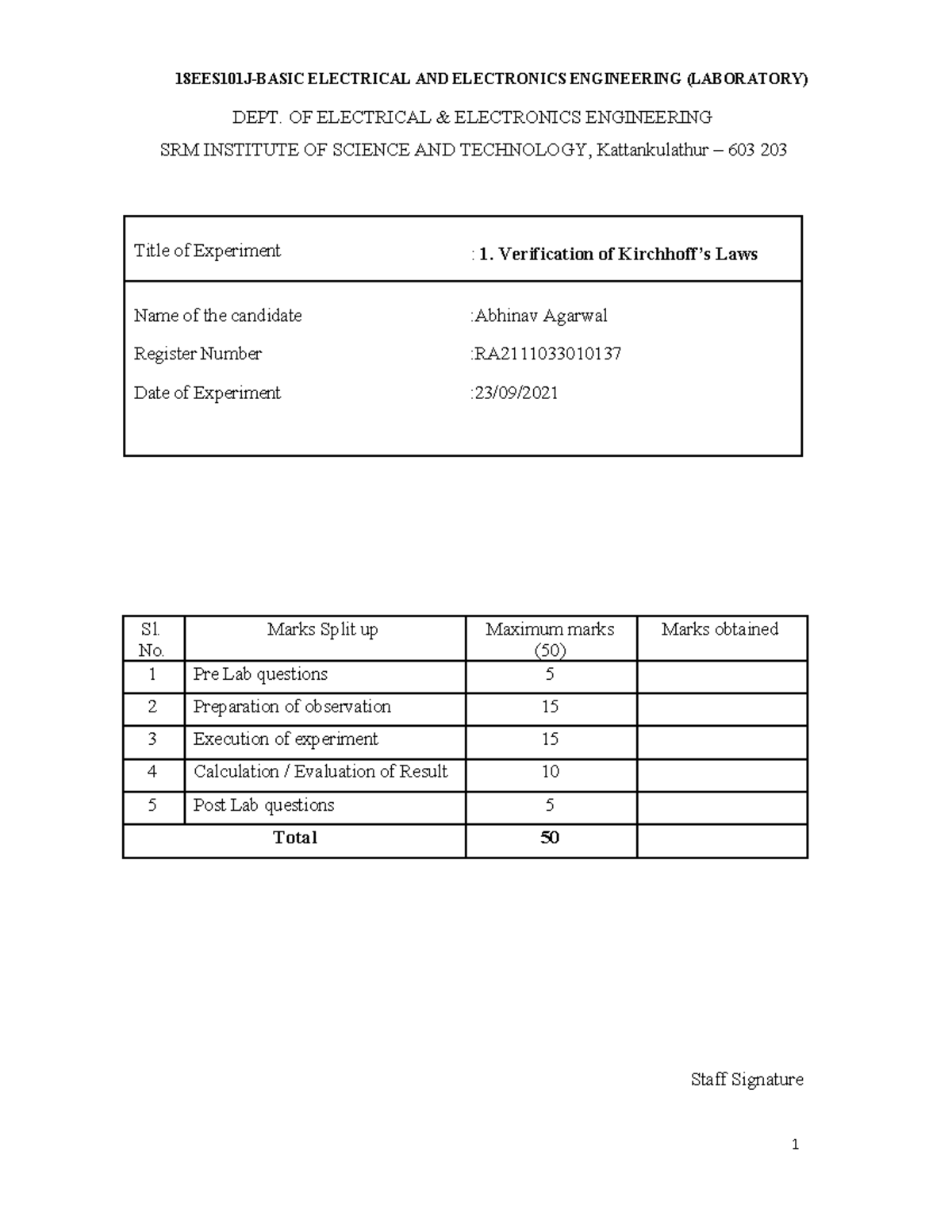 EXPERIMENT 1 BEEE - DEPT. OF ELECTRICAL & ELECTRONICS ENGINEERING SRM INSTITUTE OF SCIENCE AND ...