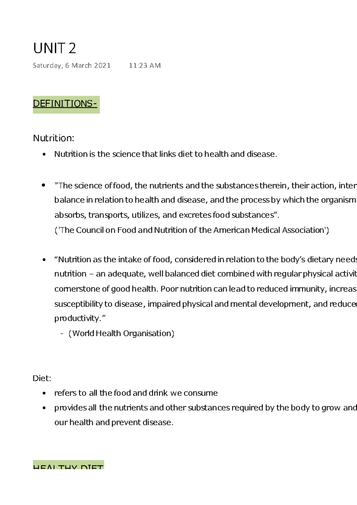 UNIT 2 - Nutrition & Diet - DEFINITIONS- Nutrition: Nutrition is the ...