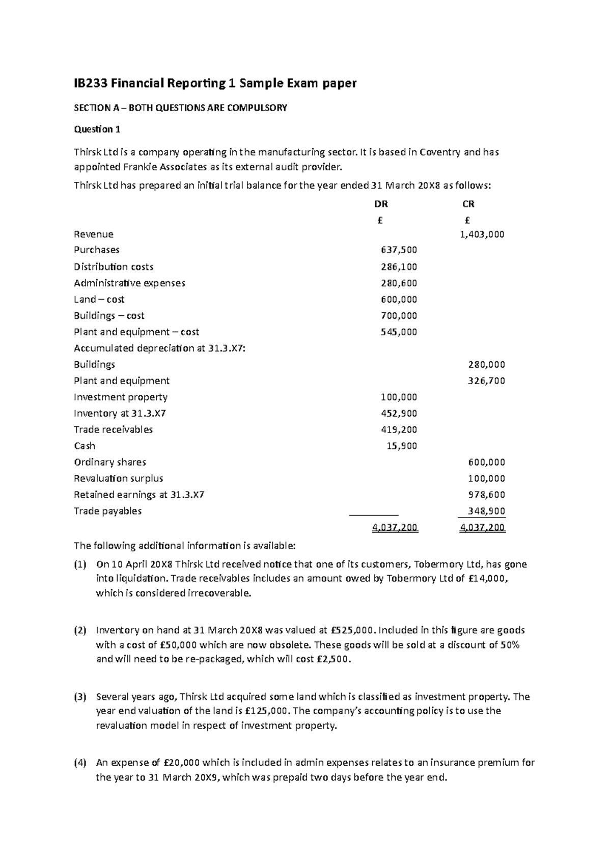 IB 33 Sample exam paper updated Dec - IB233 Financial Reporting 1 ...