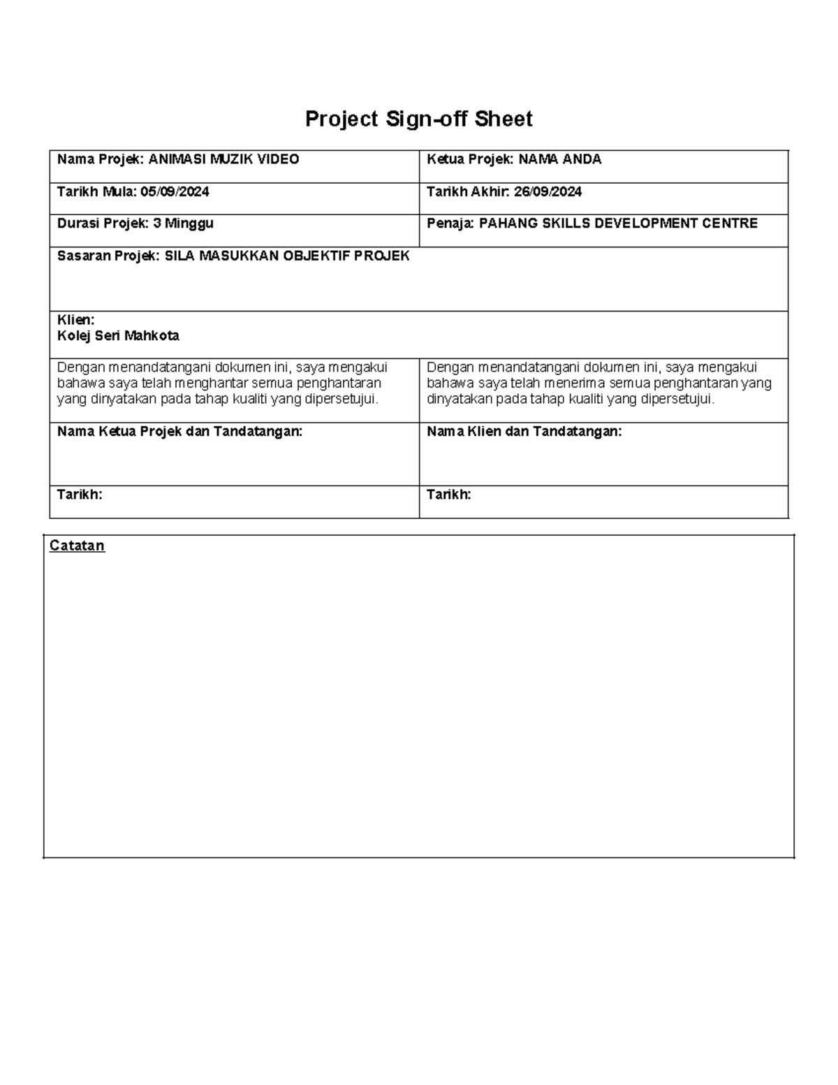 Project Sign Off Sheet - nashha - Project Sign-off Sheet Nama Projek ...