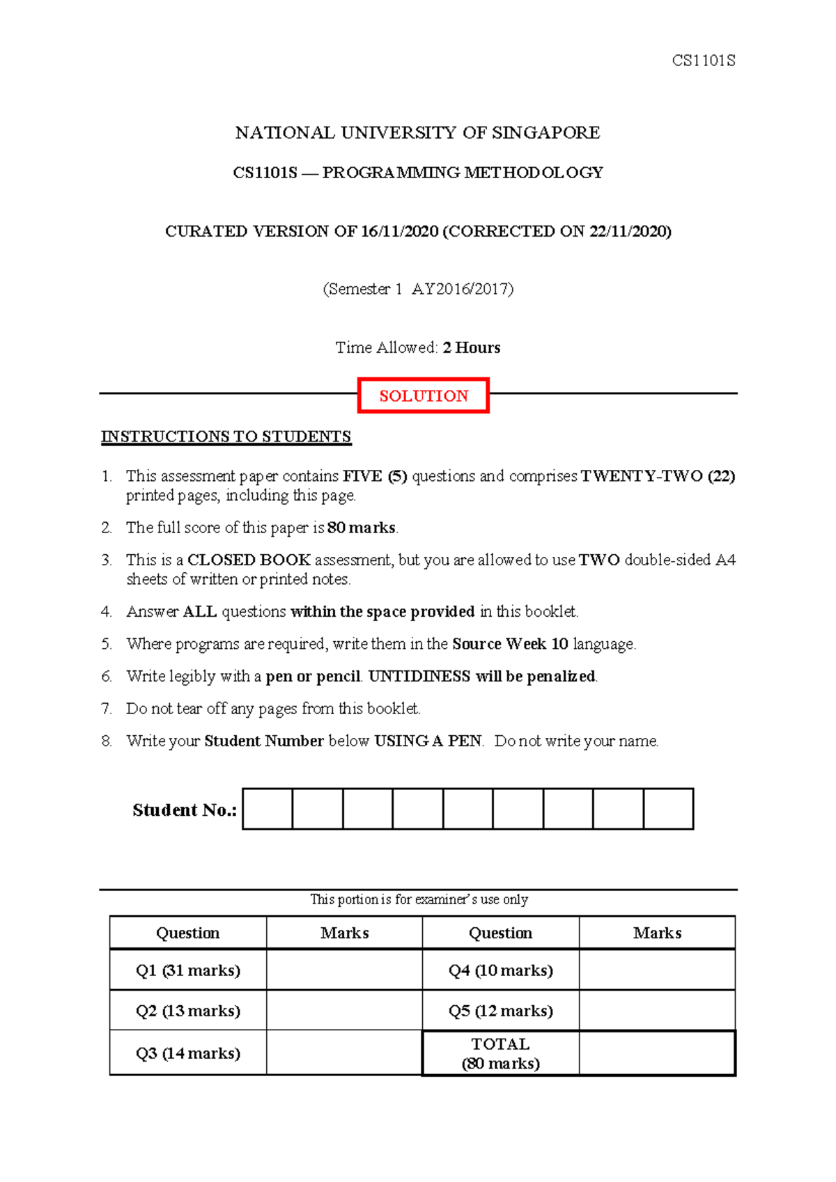 Cs1101s 1617s1 final solution - NATIONAL UNIVERSITY OF SINGAPORE ...