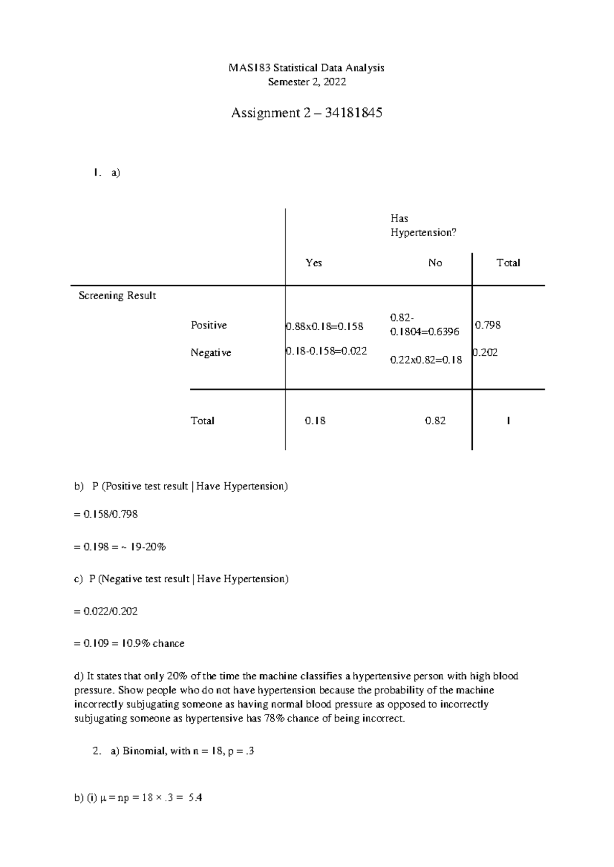 MAS183 Assignment 2 Answers - MAS183 Statistical Data Analysis Semester 2 , 2022 Assignment 2 ...