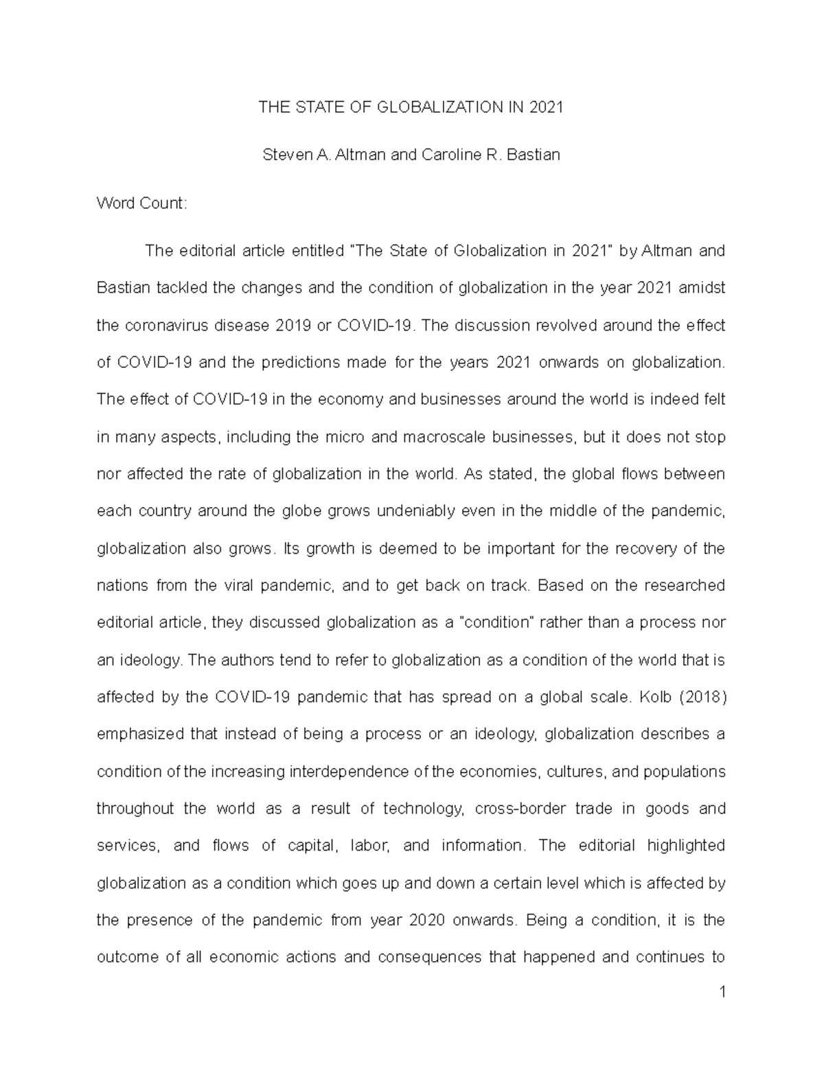 Globalization - THE STATE OF GLOBALIZATION IN 2021 Steven A. Altman and ...