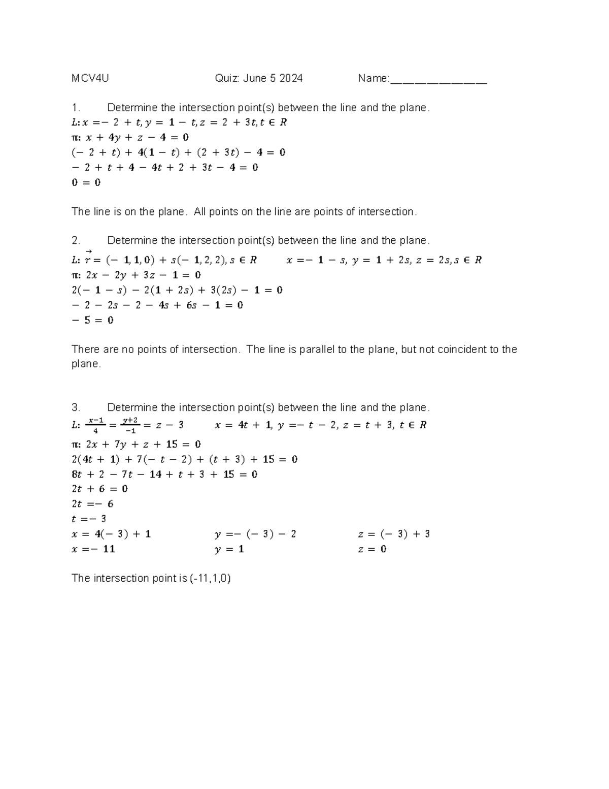 MCV4U Quiz June 5 2024 solutions - MCV4U Quiz: June 5 2024 Name ...
