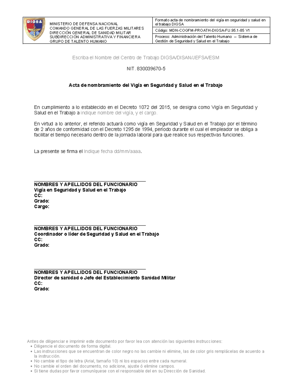 Formato acta de nombramiento del vigia en seguridad y salud en el ...