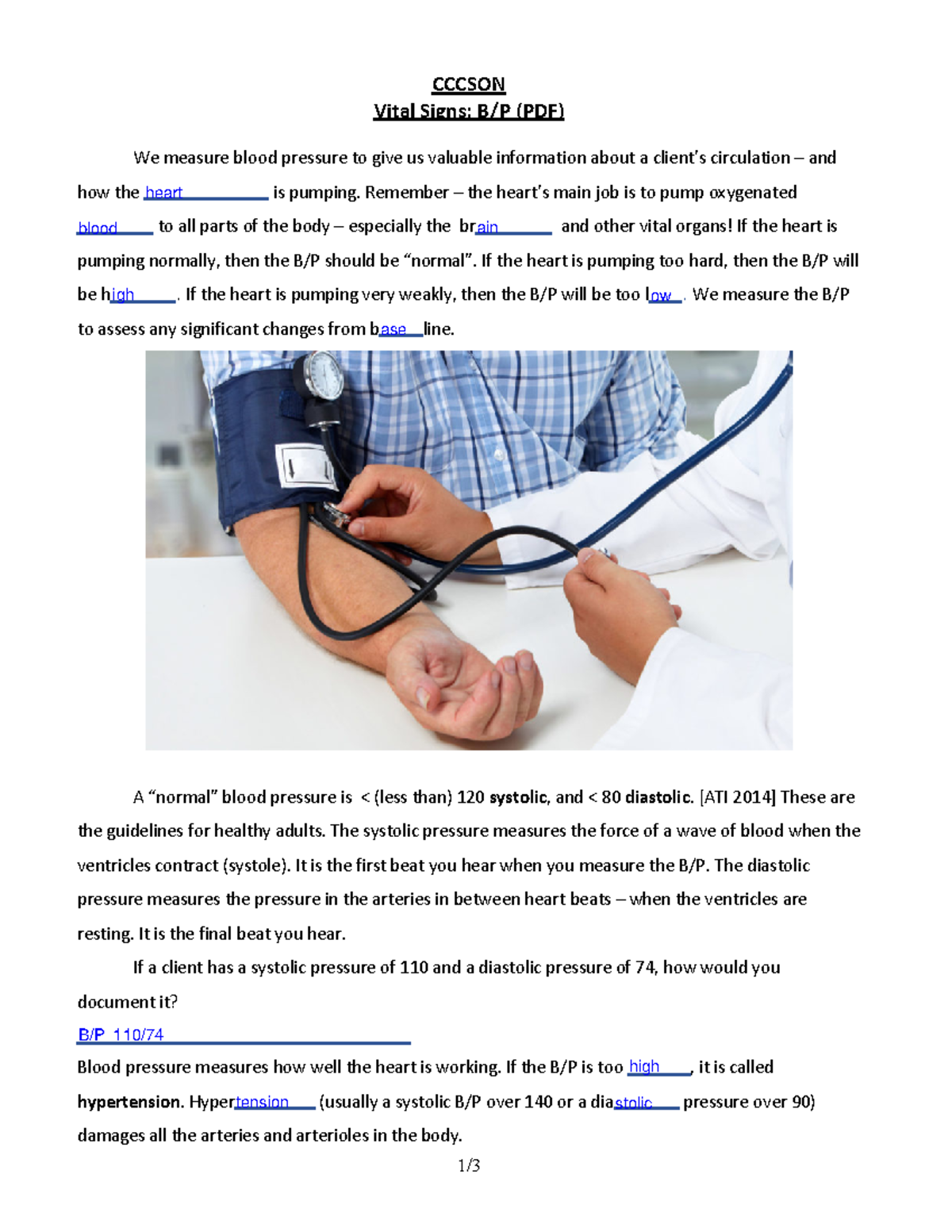 Blood Pressure 150 Fundamental Worksheet 1 CCCSON Vital Signs B P