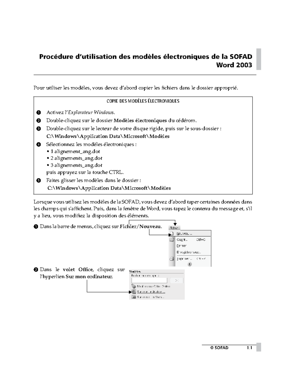 Procedure Word 2003 - manuel de formation - © SOFAD 1. Procédure d’utilisation des modèles - Studocu