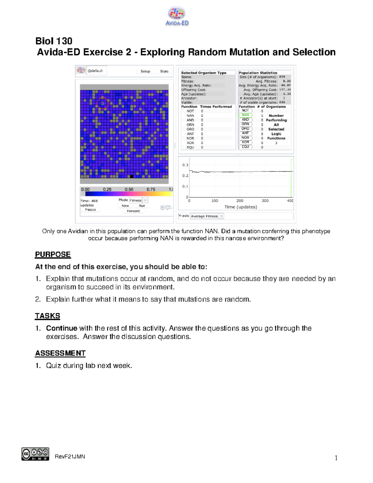 LAB EX 2 - Lab - Biol 130 Avida-ED Exercise 2 - Exploring Random Mutation and Selection Only one ...