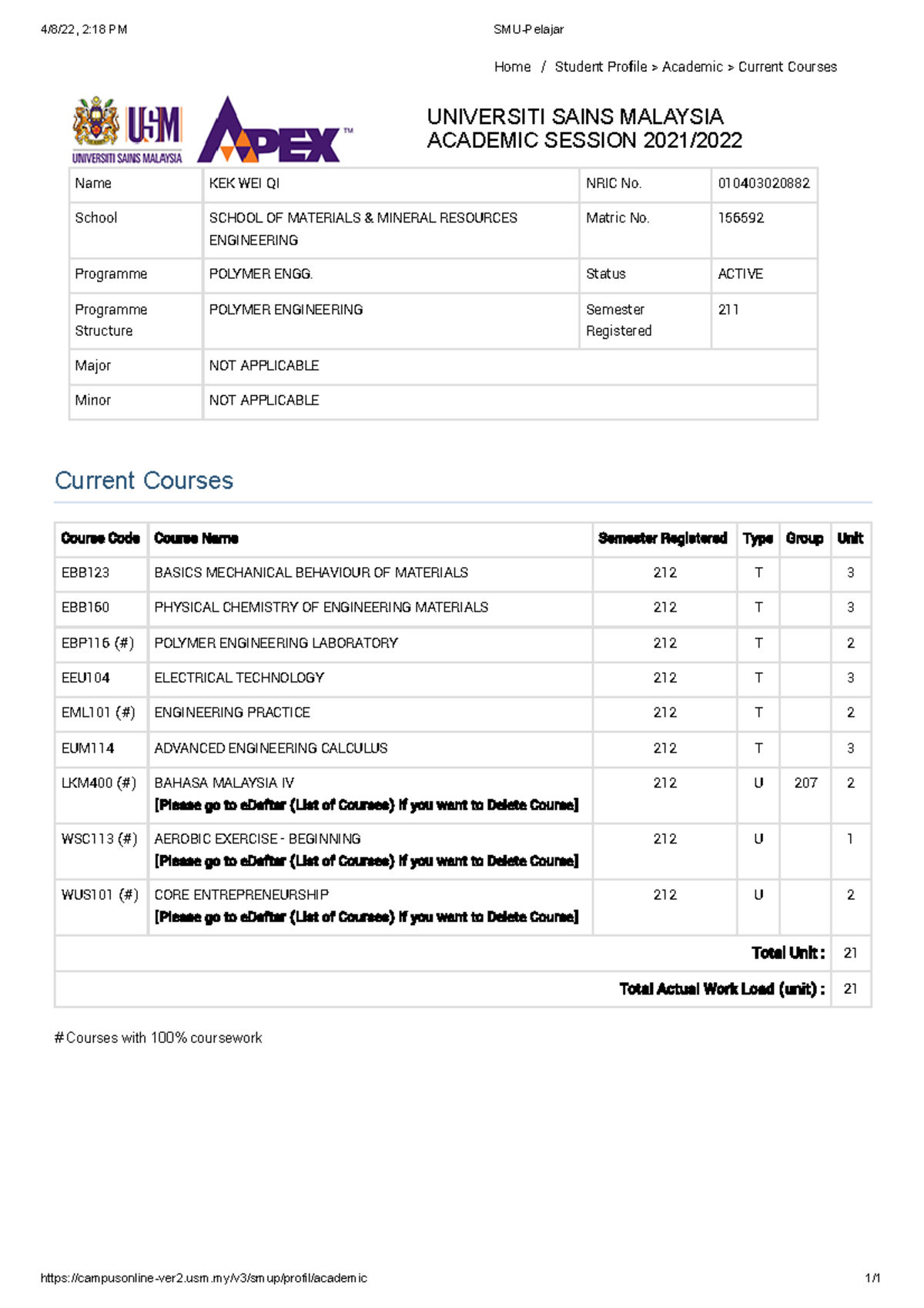 Course Registration Slip. yr1 sem 2 - 4/8/22, 2:18 PM SMU-Pelajar - Studocu