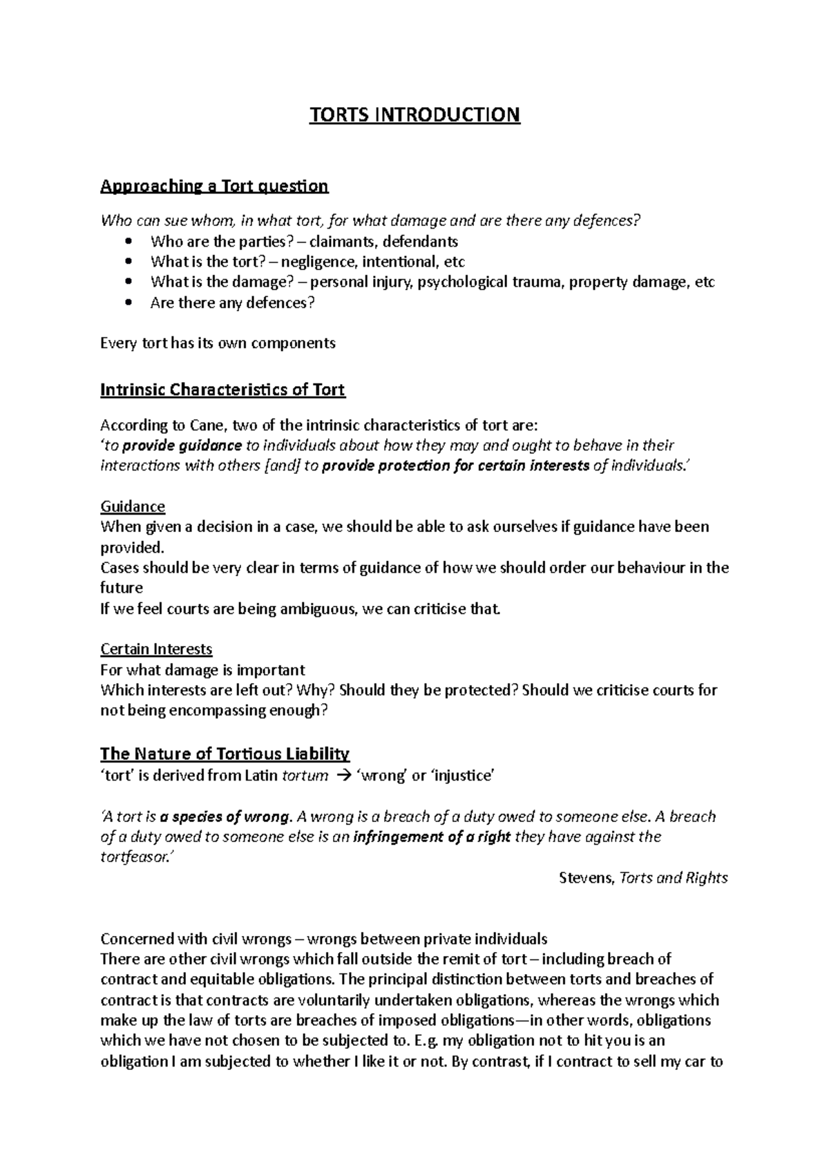 Torts Intro - TORTS INTRODUCTION Approaching a Tort question Who can sue whom, in what tort, for ...