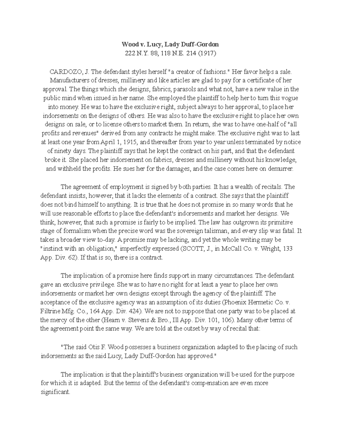 Wood v. Lucy Lady Duffreading - Wood v. Lucy, Lady Duff-Gordon 222 N ...