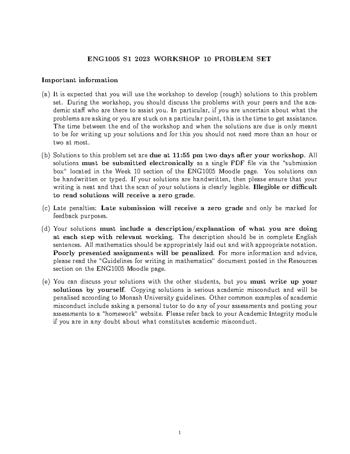 Workshop 10 problem set - ENG1005 S1 2023 WORKSHOP 10 PROBLEM SET Important information (a) It ...