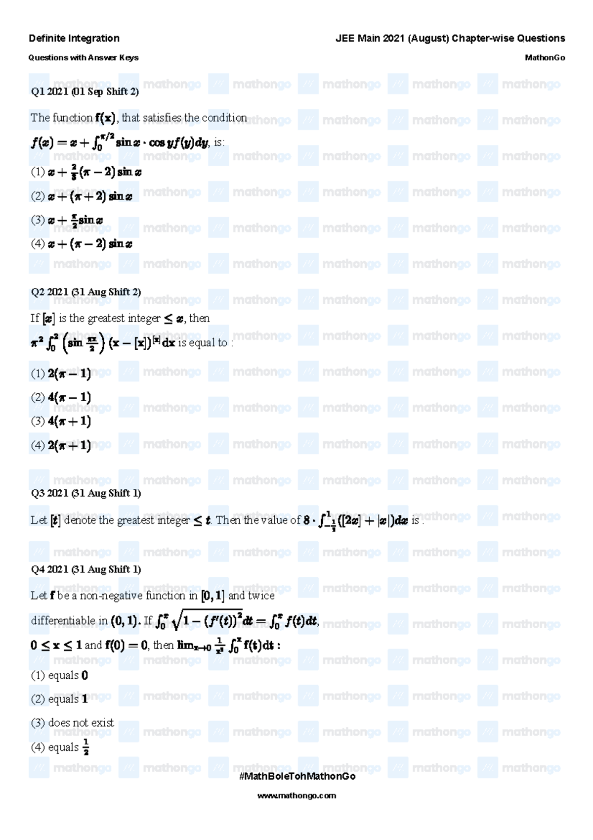 Main 2021 - Mathematics questions - Q1 2021 (01 Sep Shift 2 ...