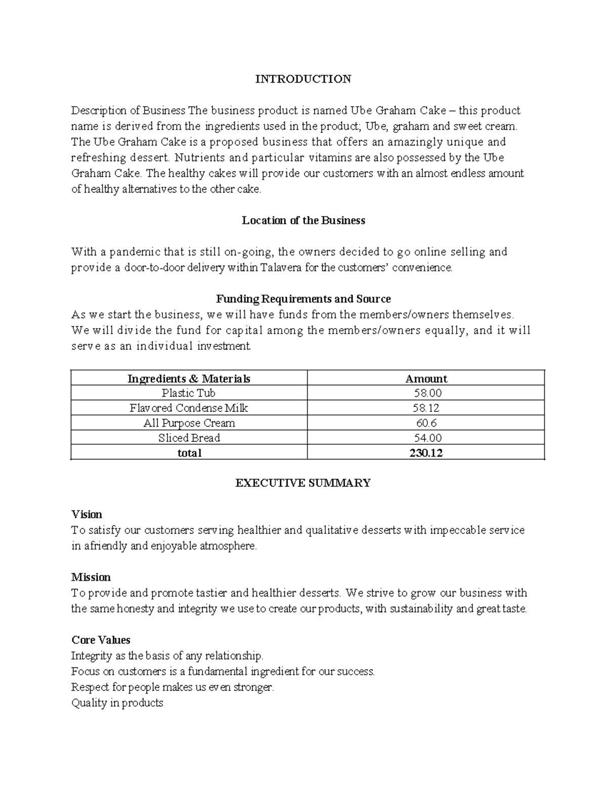 UBE Graham - INTRODUCTION Description of Business The business product ...