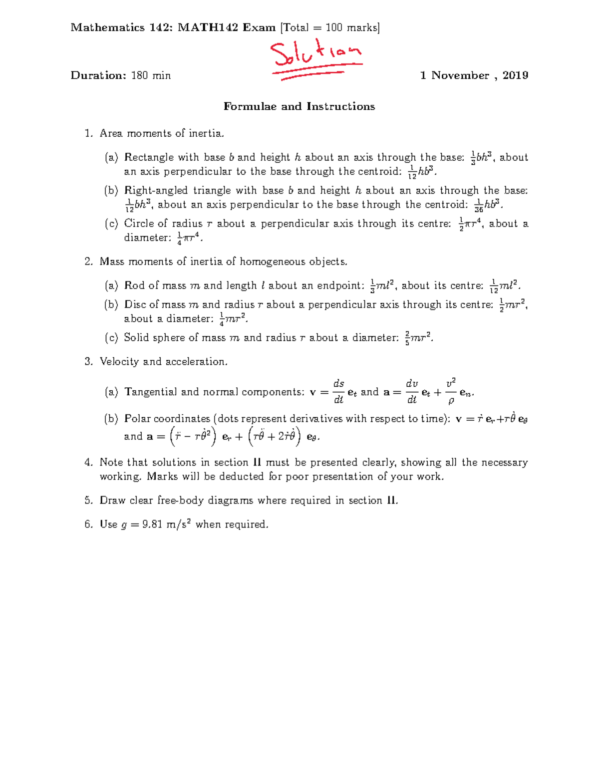 MATH142-Exam 2019 solution - Mathematics 142: MATH142 Exam [Total = 100 ...