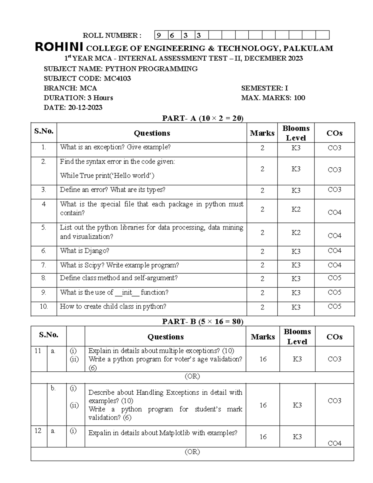 IAT 2 python- MCA - IAT questions - ROLL NUMBER : 9 6 3 3 ROHINI ...