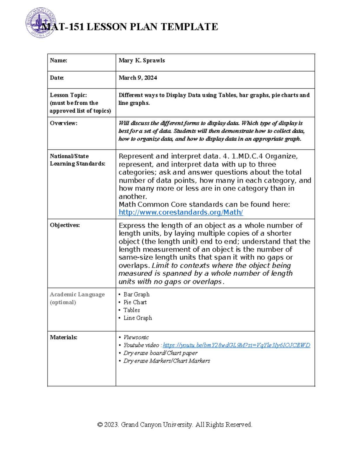 MAT-151 Lesson Plan Final - MAT-151 LESSON PLAN TEMPLATE Name: Mary K. Sprawls Date: March 9 ...