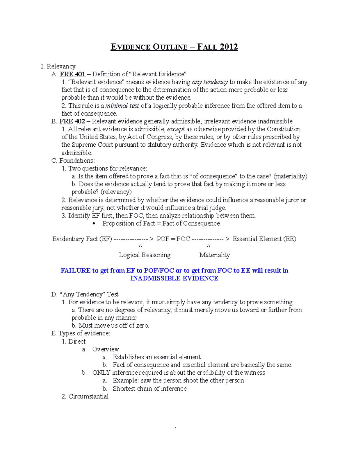 Evidence Outline Lewis fall2012 - EVIDENCE OUTLINE – FALL 2012 I ...