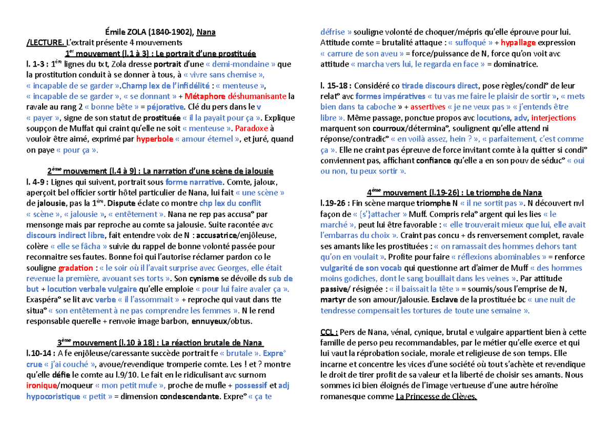 ZOLA - Etude linéaire d'un extrait de Nana - Émile ZOLA (1840-1902), Nana /LECTURE. L’extrait ...