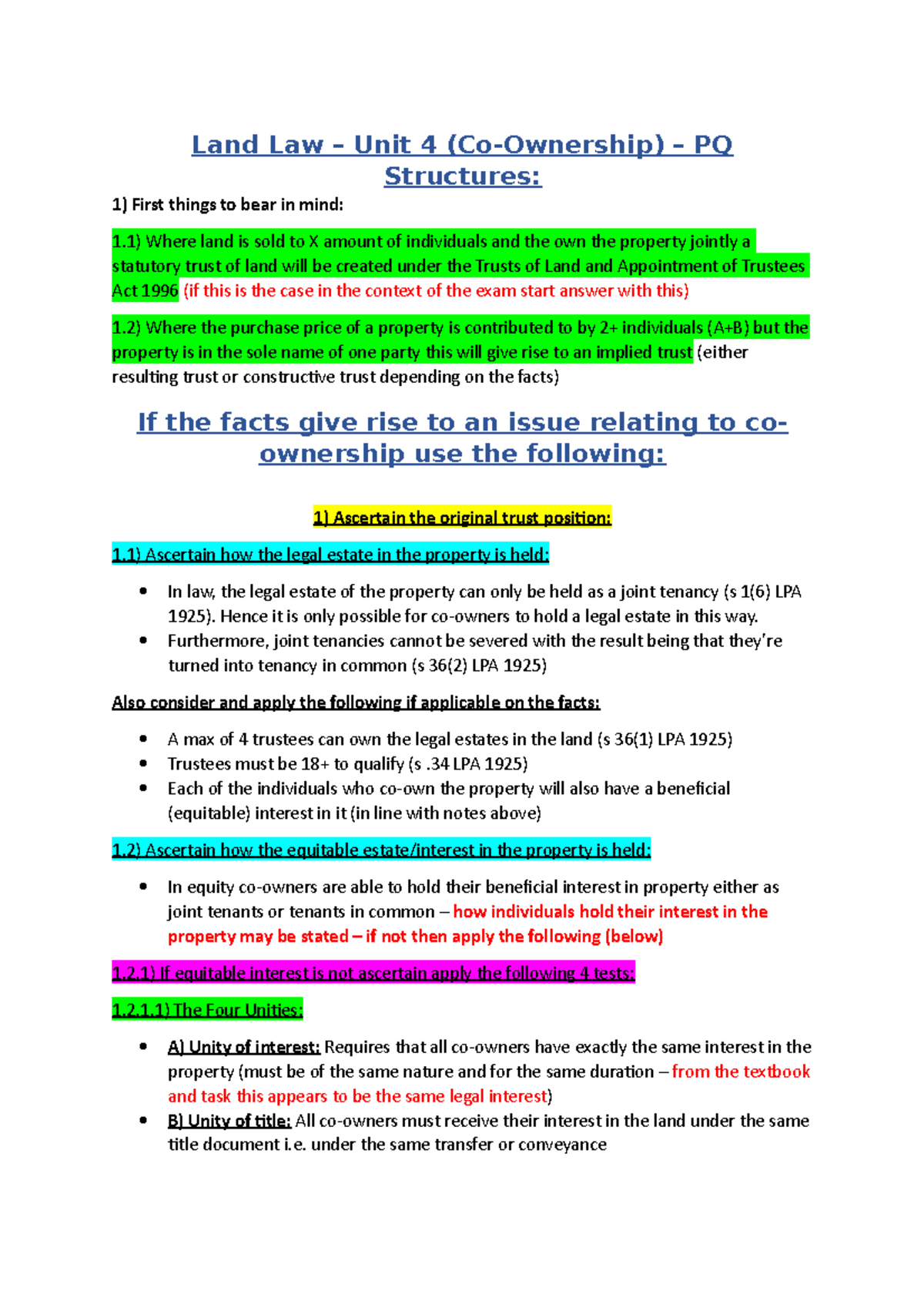 Land Law – Unit 4 (Co-Ownership) – PQ Structures - Land Law – Unit 4 ...