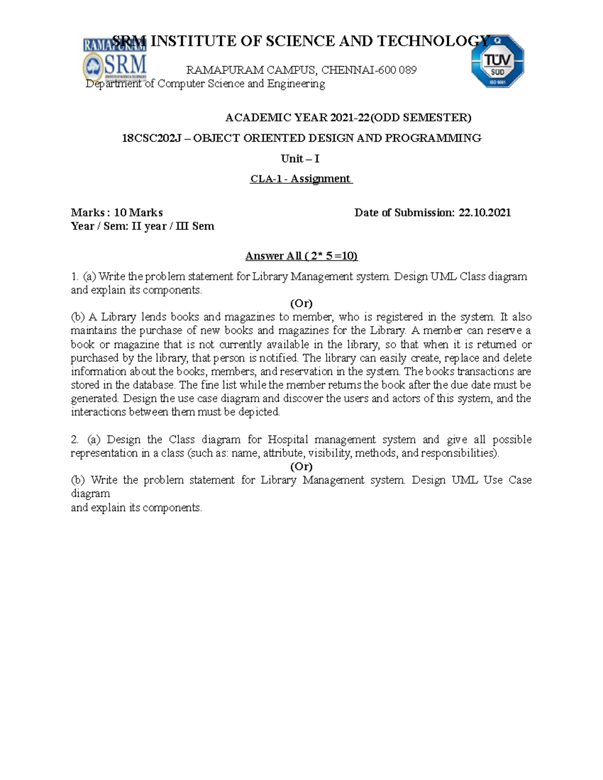 Assignment 1 - SRM INSTITUTE OF SCIENCE AND TECHNOLOGY RAMAPURAM CAMPUS ...