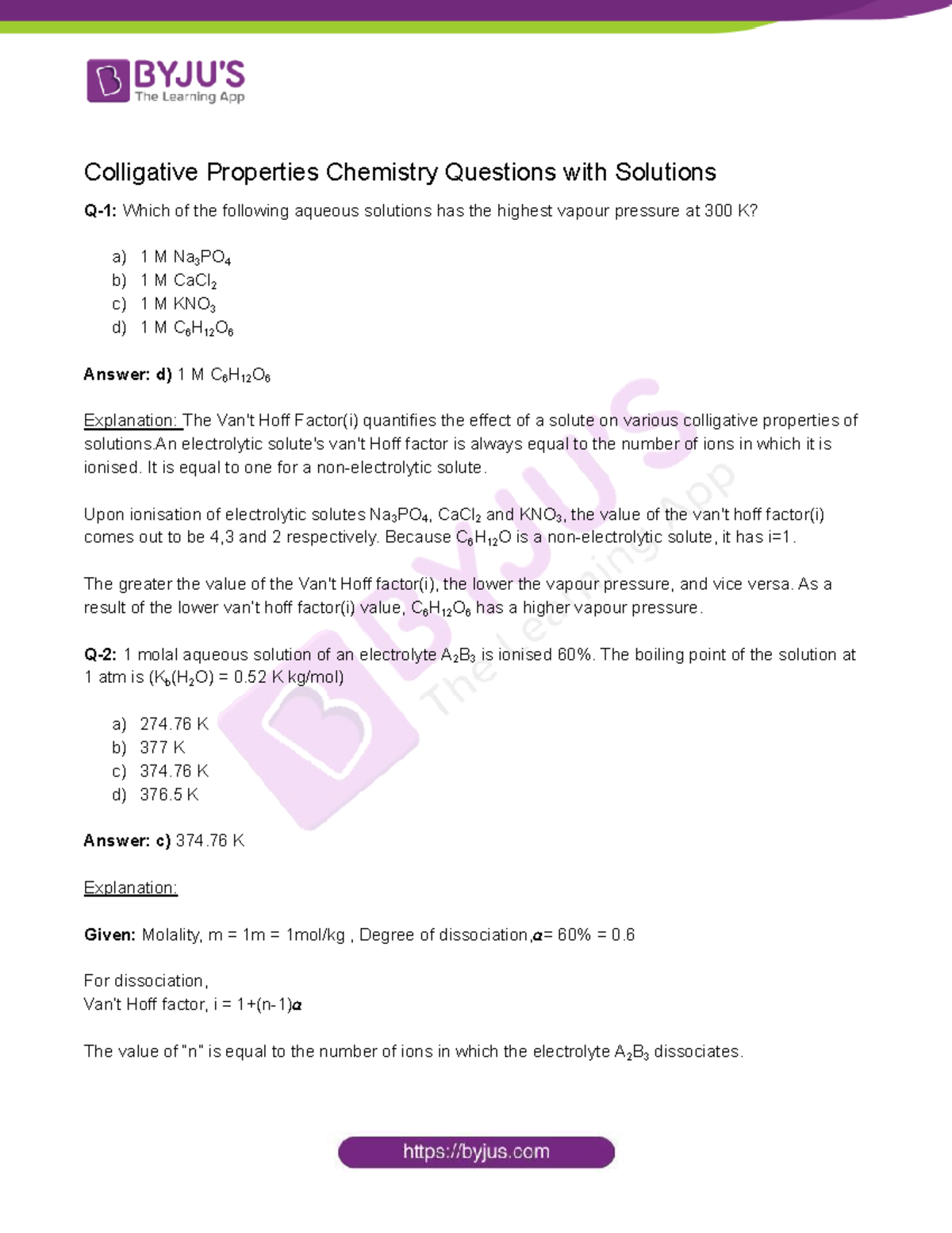 Colligative Properties Chemistry Questions with Solutions - It is equal ...