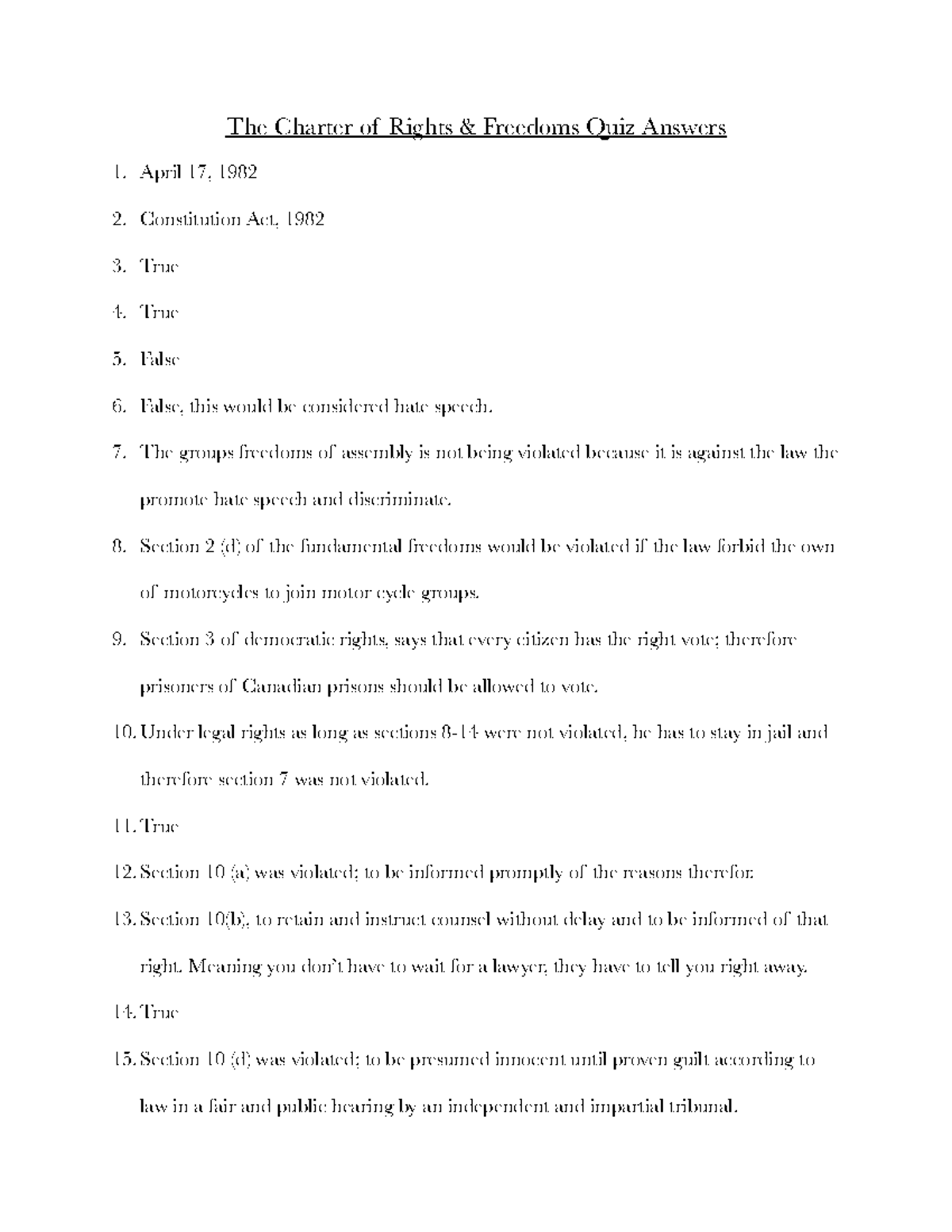 The charter of rights and freedoms quiz - law - The Charter of Rights ...