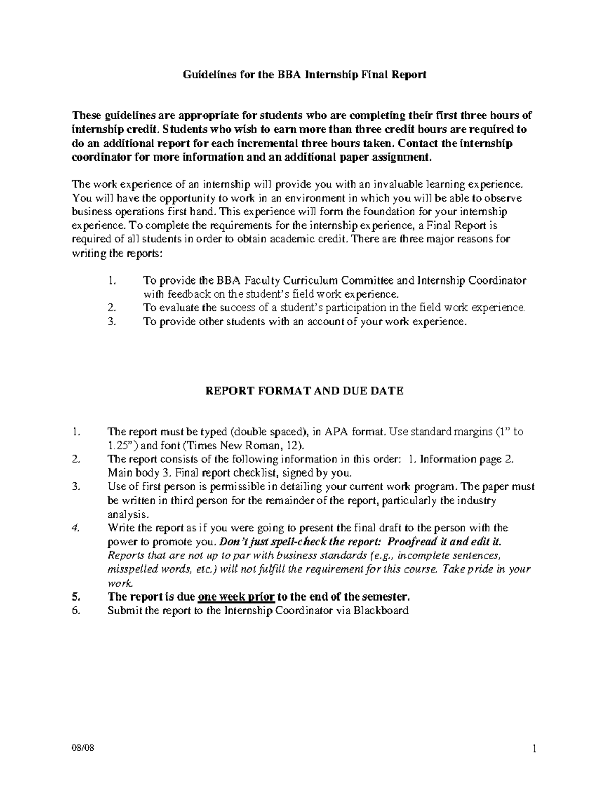 Internship Final Report Guidelines - Guidelines for the BBA Internship Final Report These ...