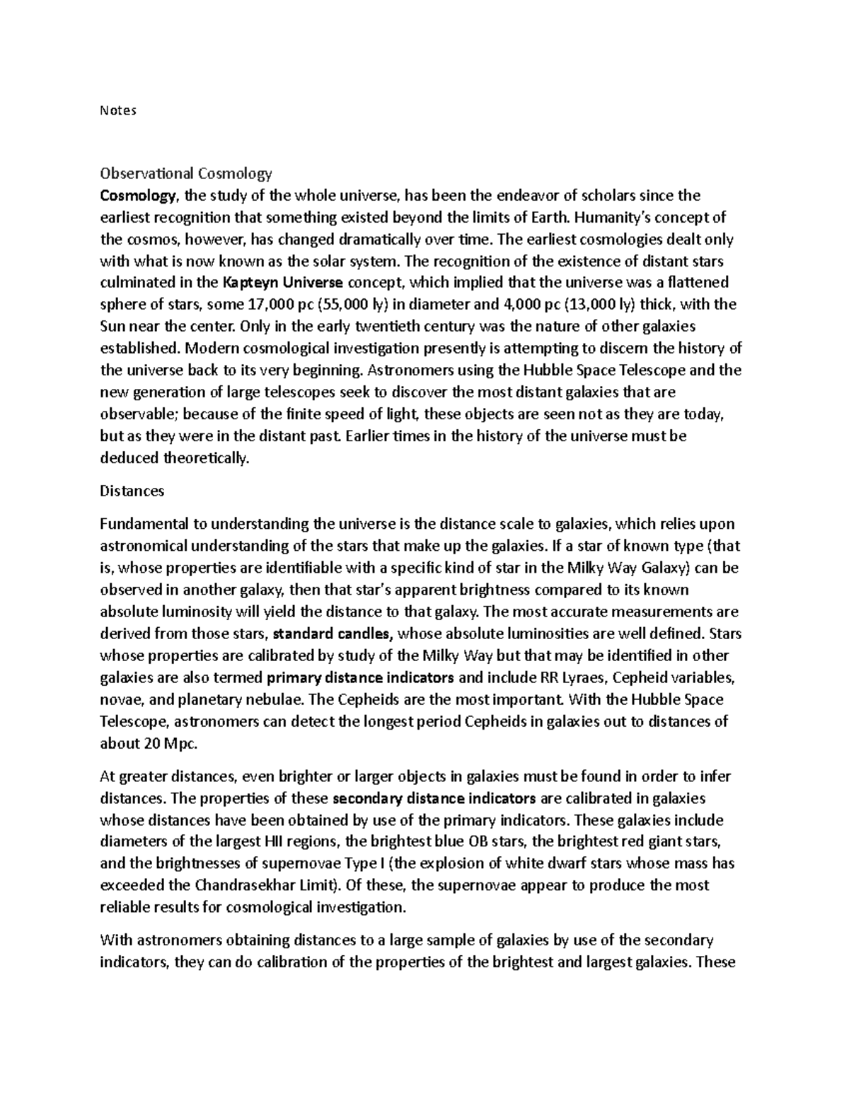 Document 201 - sociology - Notes Observational Cosmology Cosmology, the ...