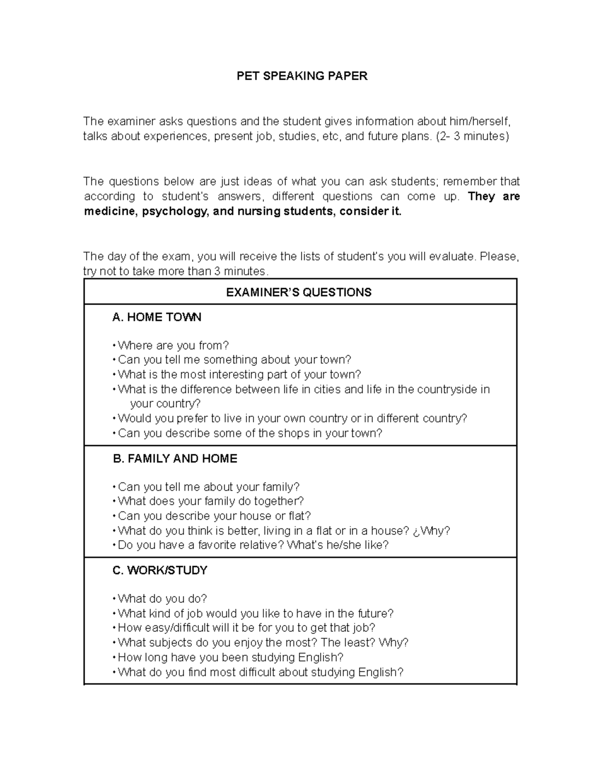 PET Speaking Paper (1) (1) - PET SPEAKING PAPER The examiner asks ...