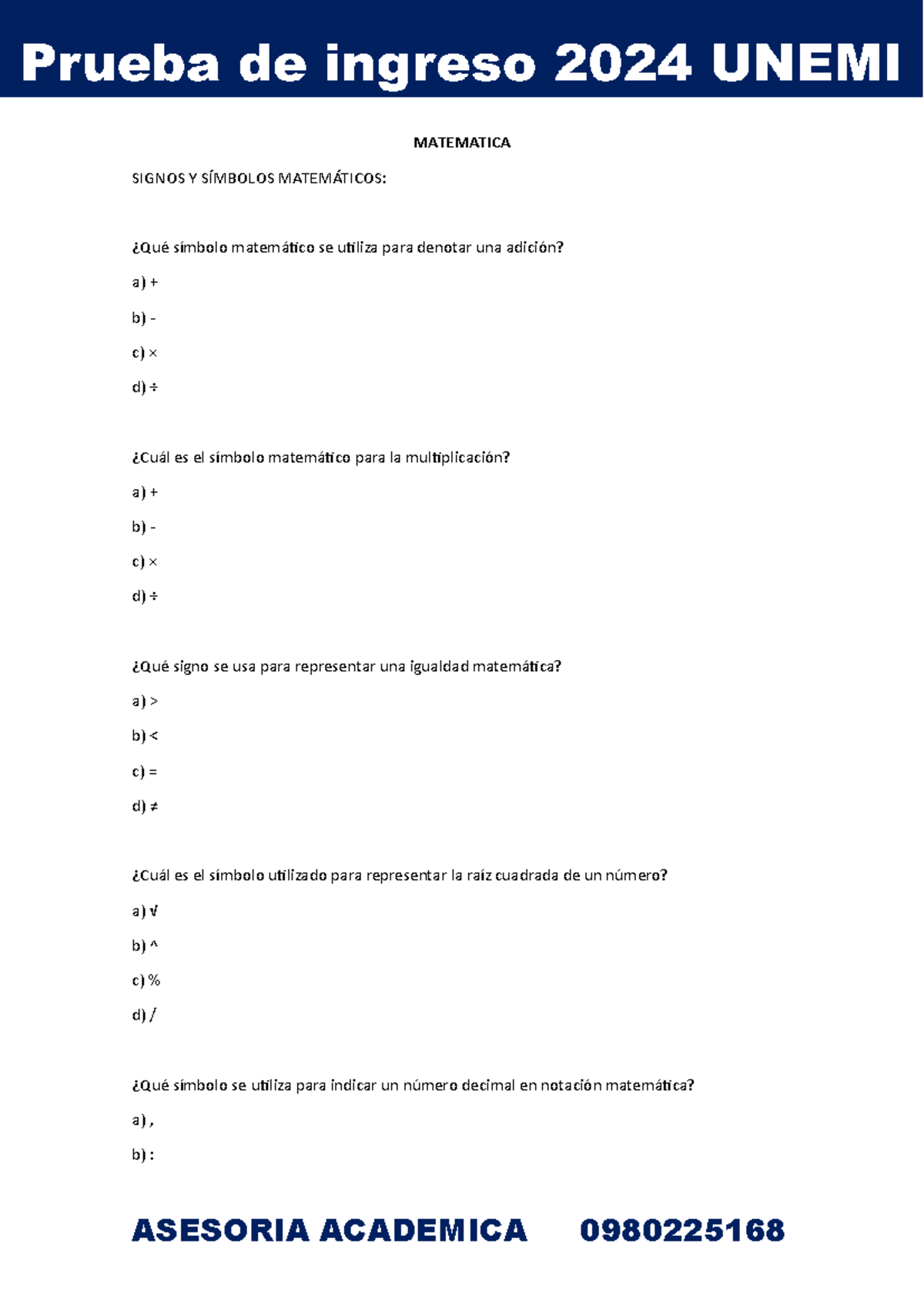 Ingreso Unemi 2024 Matematica - MATEMATICA SIGNOS Y SÍMBOLOS ...