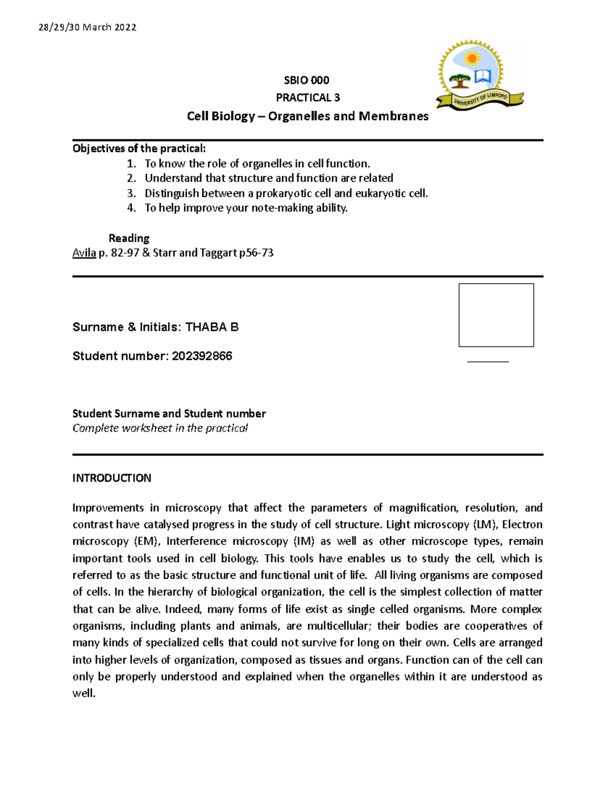 Prac 3 Cell Biology - SBIO 000 PRACTICAL 3 Cell Biology – Organelles ...