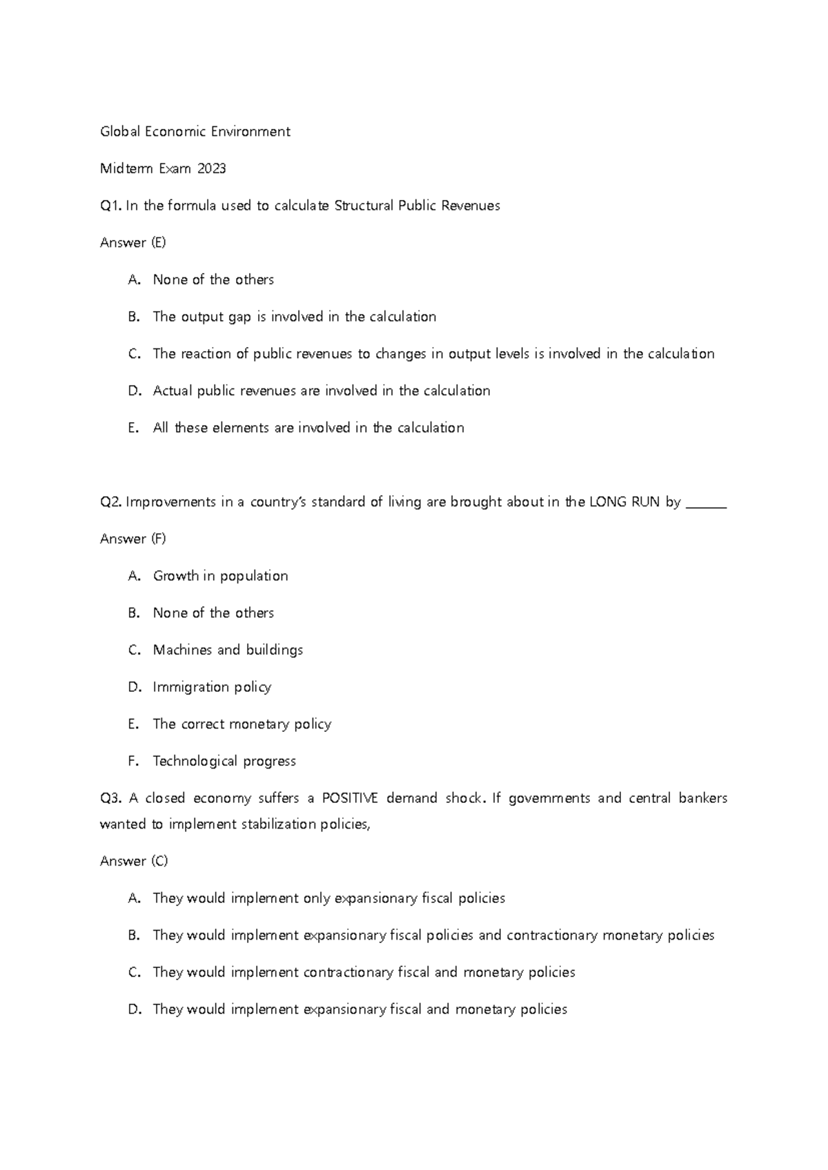 Midterm exam GEE - Global Economic Environment Midterm Exam 2023 Q1. In ...