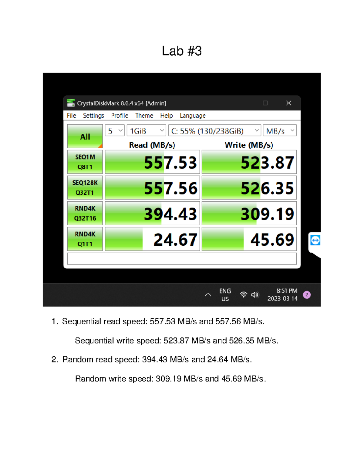 Lab #3 - based on chapters 1-3 - Lab Sequential read speed: 557 MB/s ...