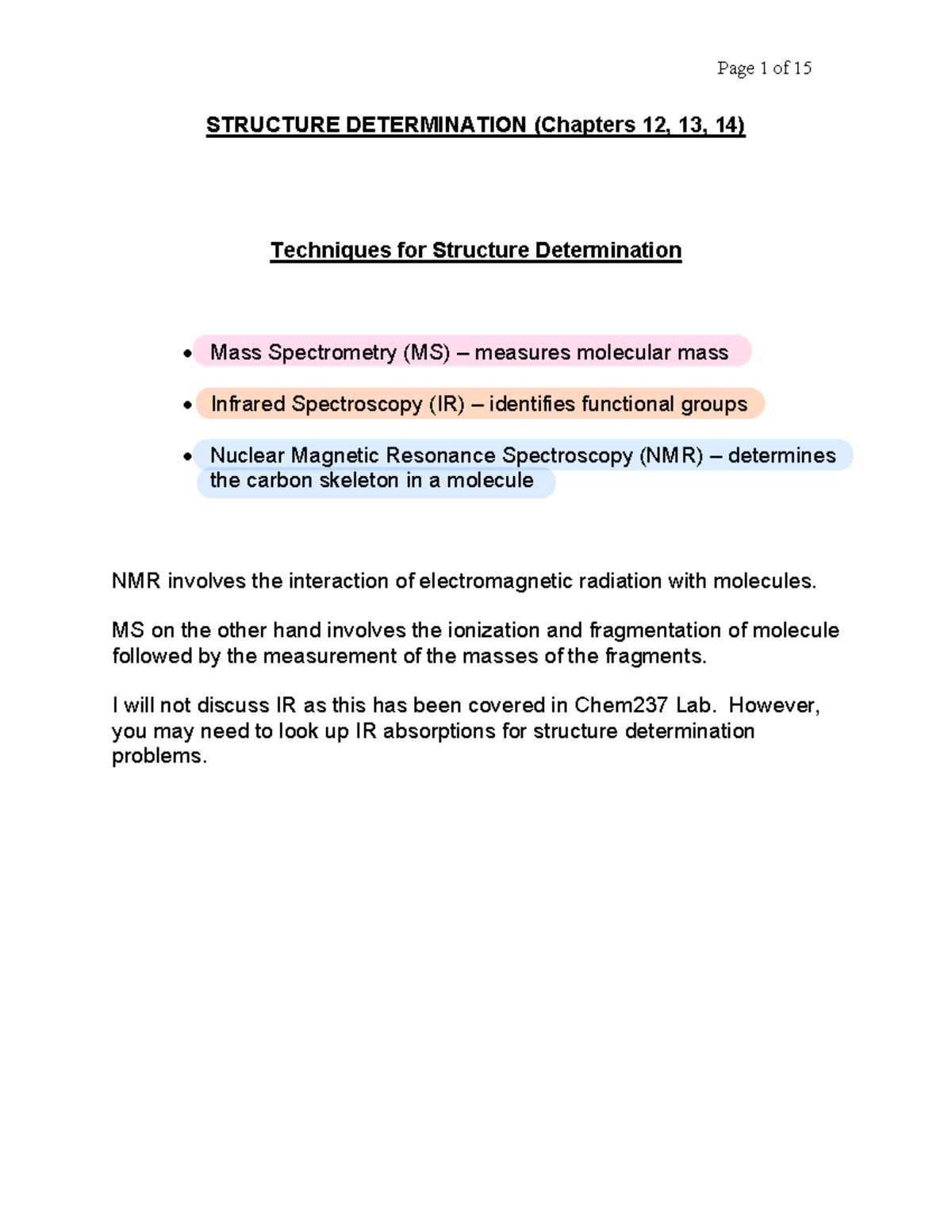 OCHEM 2 Chapter 12, 13, 14, notes - Page 1 of 15 STRUCTURE ...