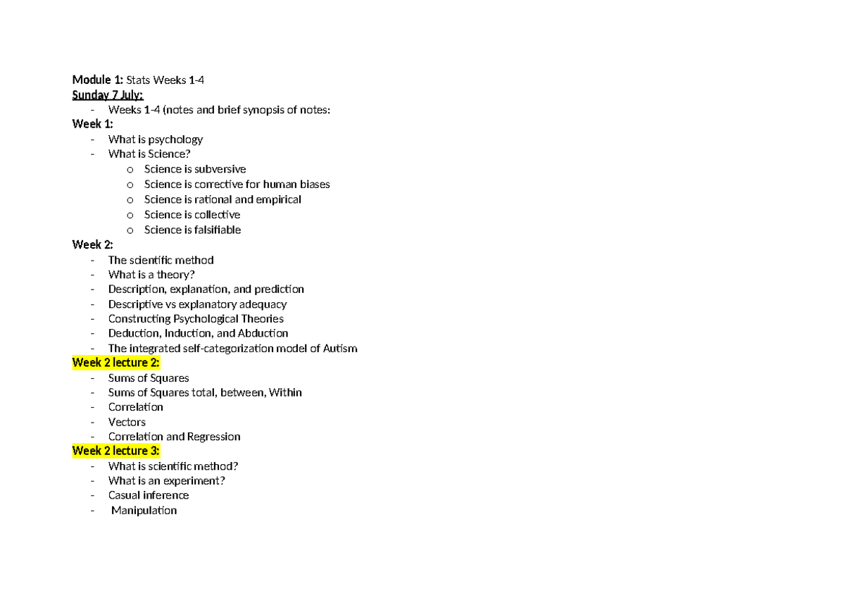 Module 1 - Module 1: Stats Weeks 1- Sunday 7 July: - Weeks 1-4 (notes ...