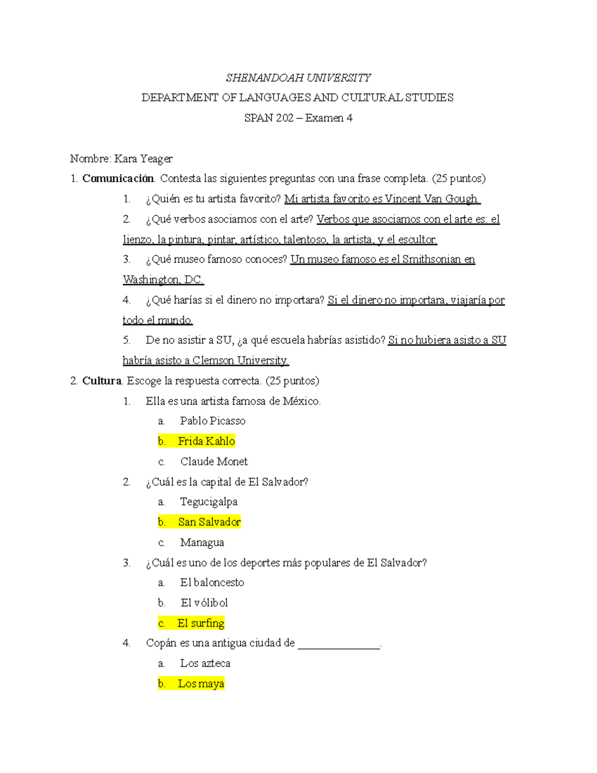 Spanish Exam 4 - SHENANDOAH UNIVERSITY DEPARTMENT OF LANGUAGES AND ...