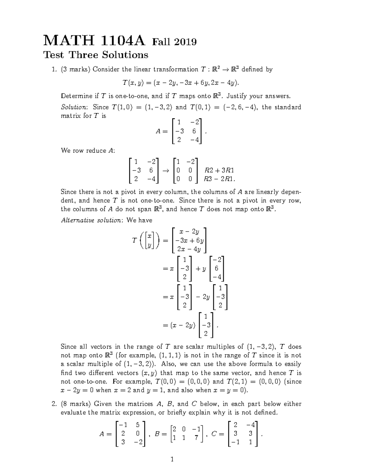 Test, answers - MATH 1104A Fall 2019 Test Three Solutions (3 marks ...