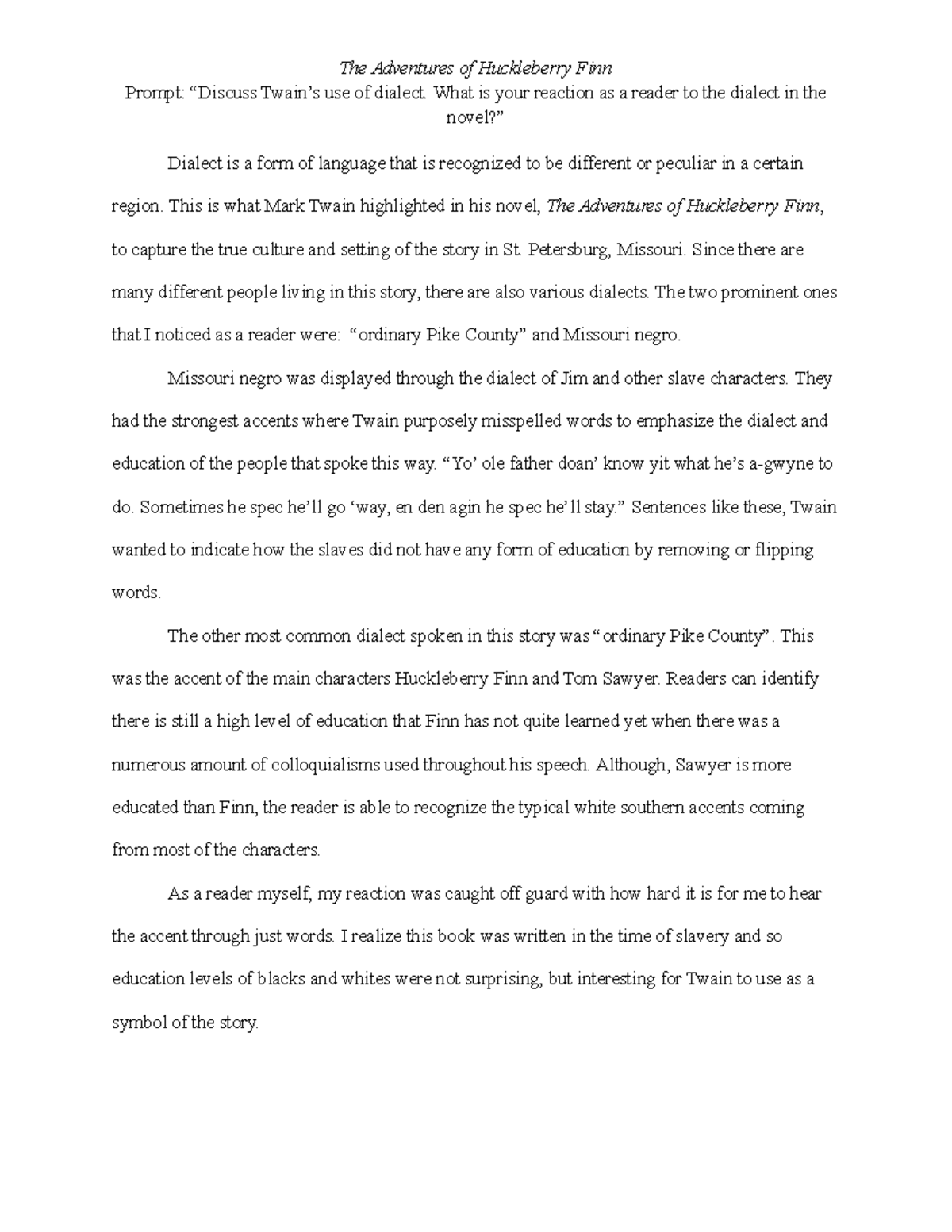 Response Huck Finn - The Adventures of Huckleberry Finn Prompt ...