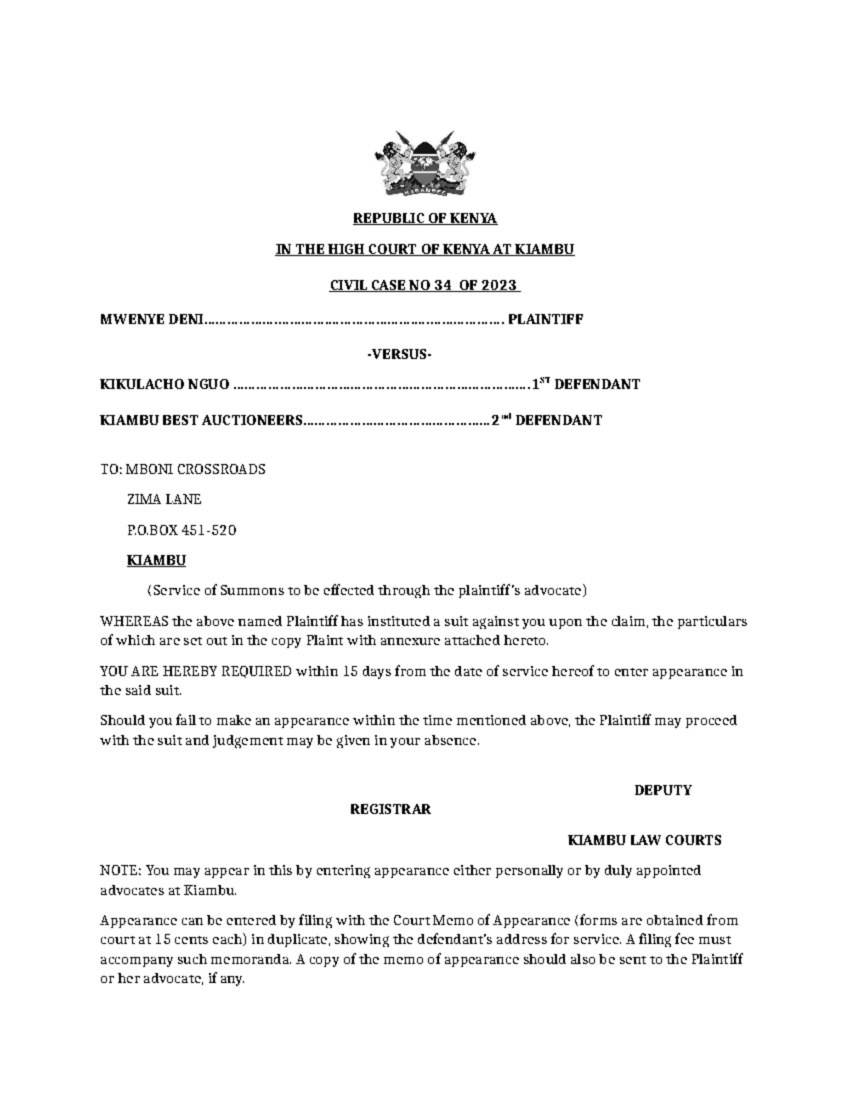 Extraction AND Service OF Summons TO Enter Appearance - IN THE HIGH ...