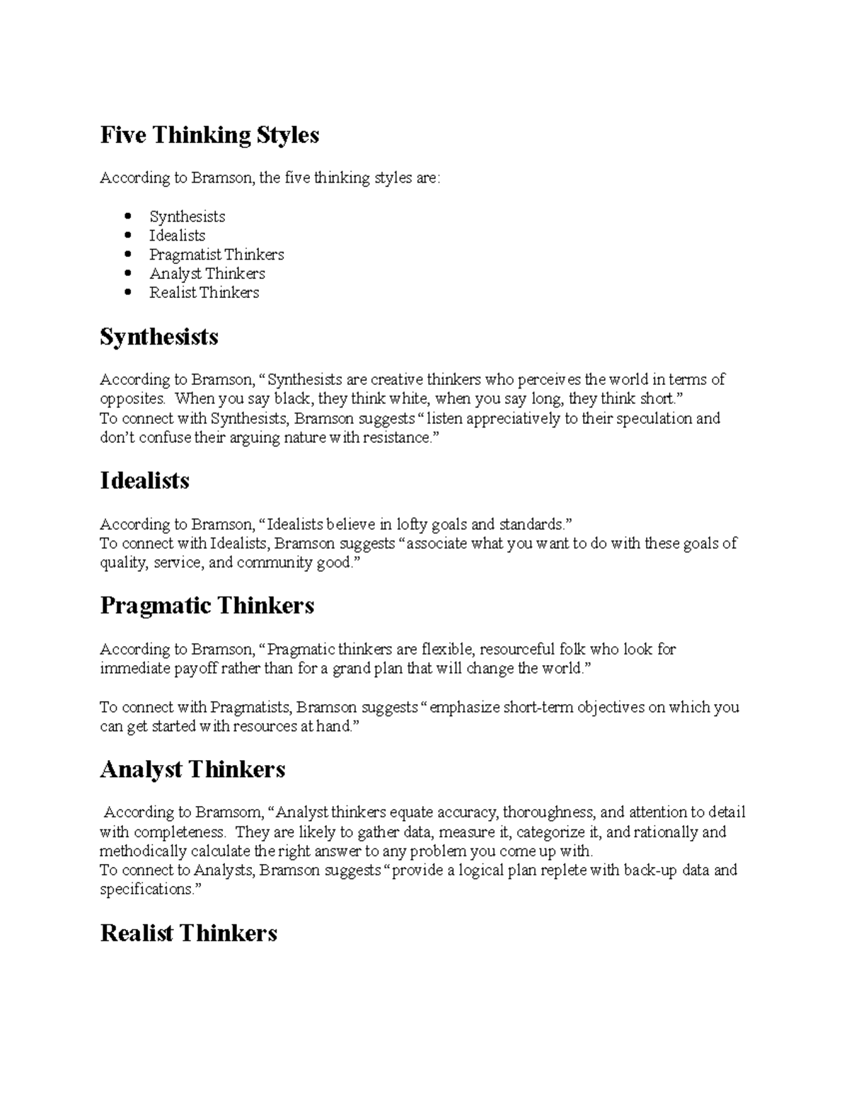 Thinking Hat - Five Thinking Styles According to Bramson, the five ...