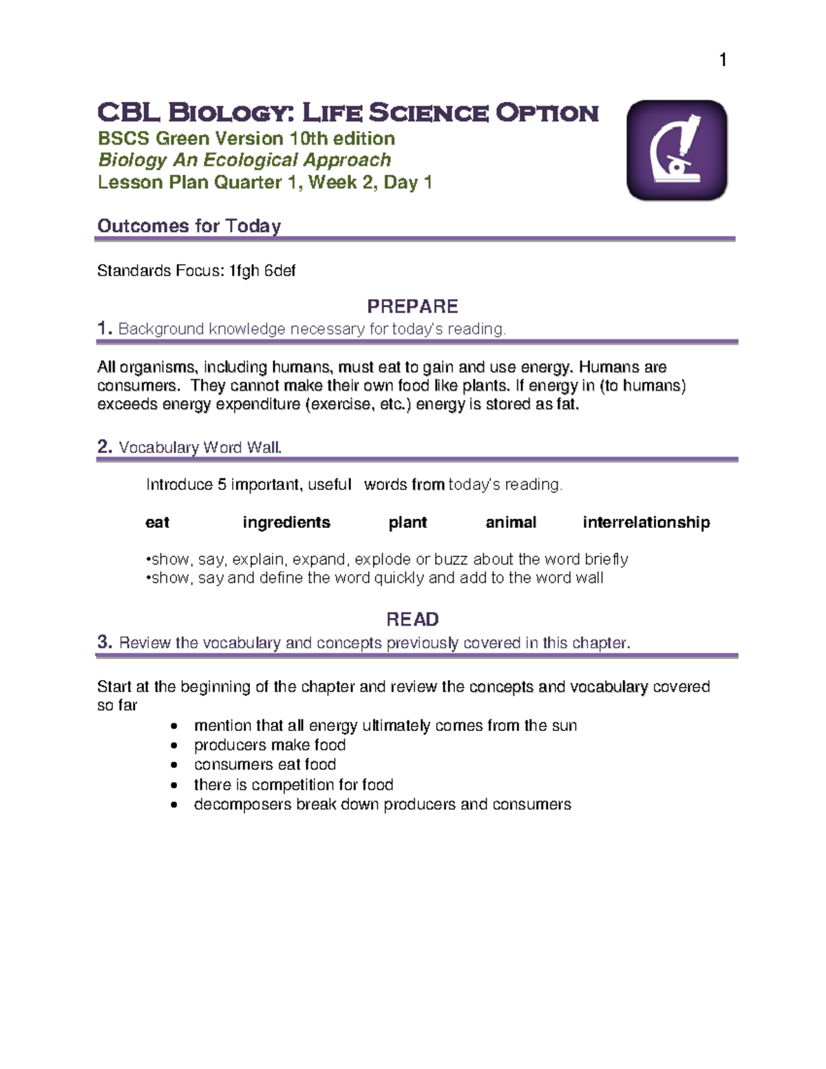 Biology Lesson Plans WEEK2 PP - CBL Biology: Life Science Option BSCS ...