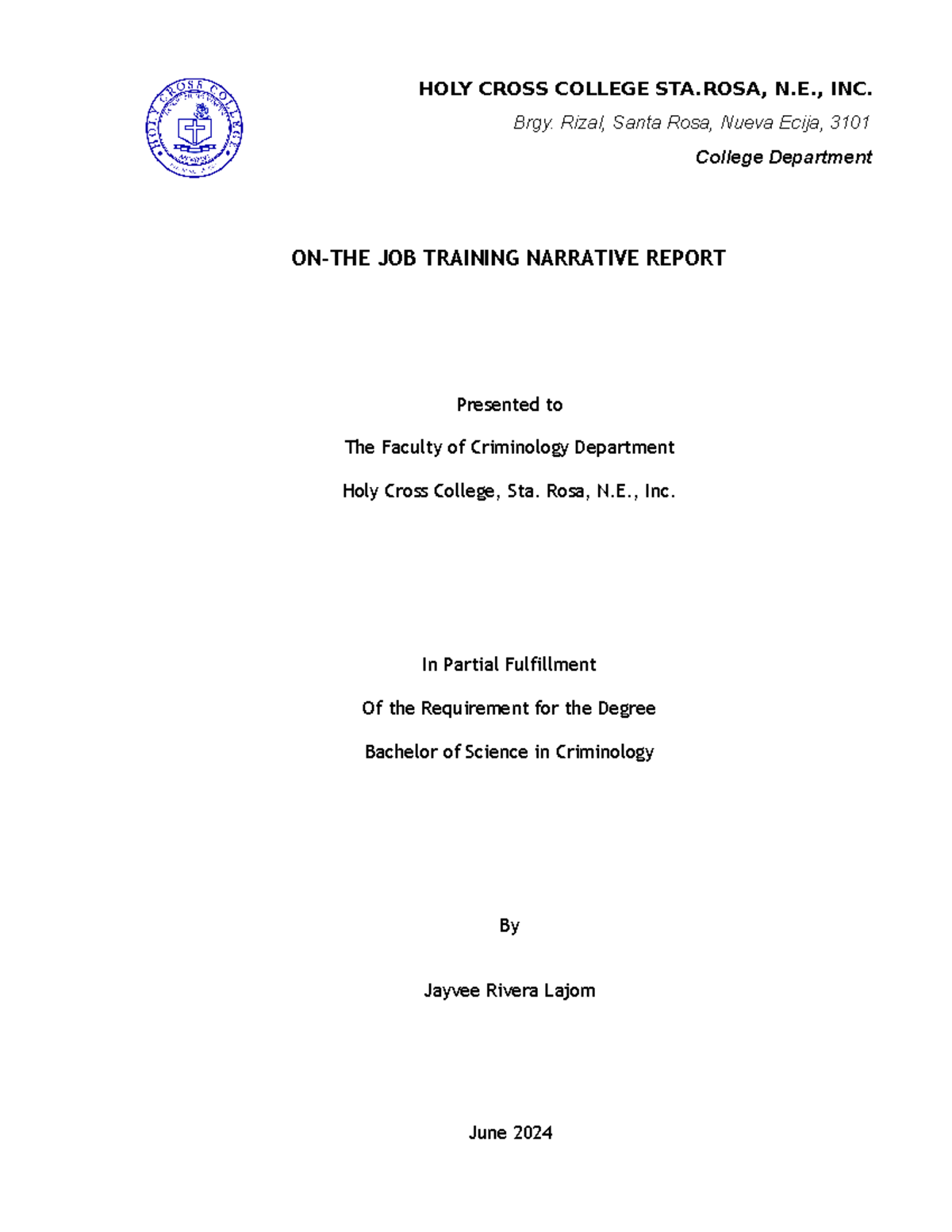 Narrative Report Format HCC 1 - HOLY CROSS COLLEGE STA, N., INC. Brgy ...